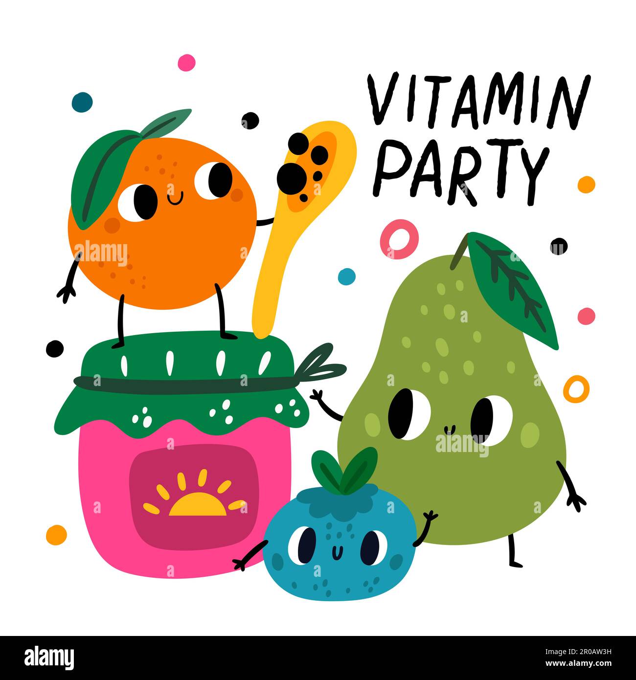Funny fruits card. Vitamin party. Cartoon characters with smiling faces ...