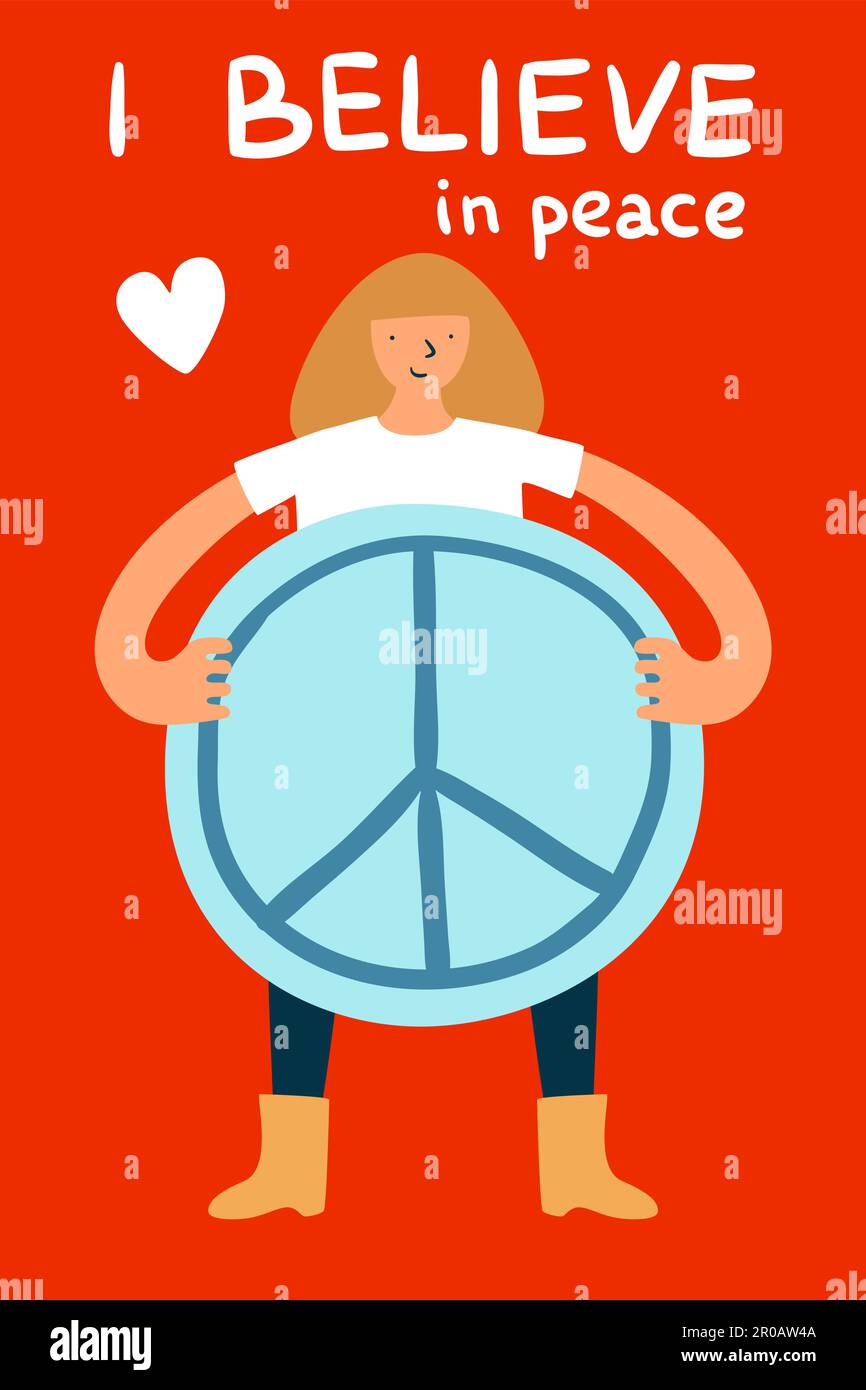 Peace card. Woman believing in peacefulness. Hippie symbol ...