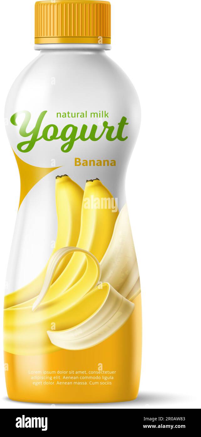 Realistic drinking yogurt bottle. Dairy product. Juicy yellow banana ...