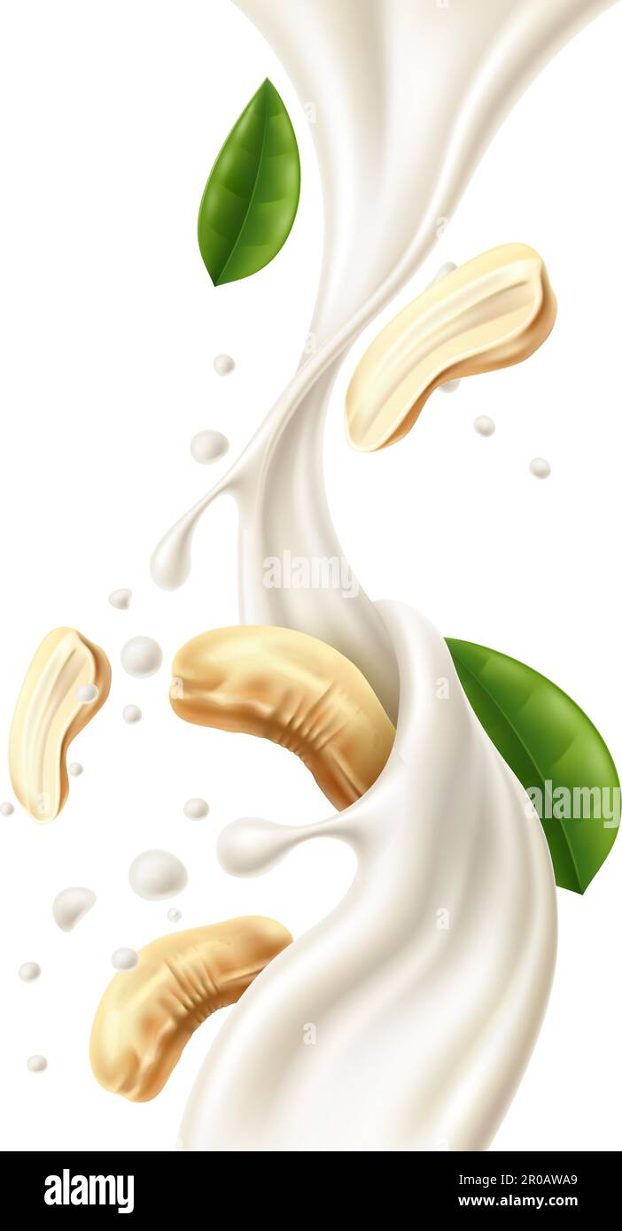 Realistic nuts in milk. Cashew and cream liquid flow motion. Vegetarian ...