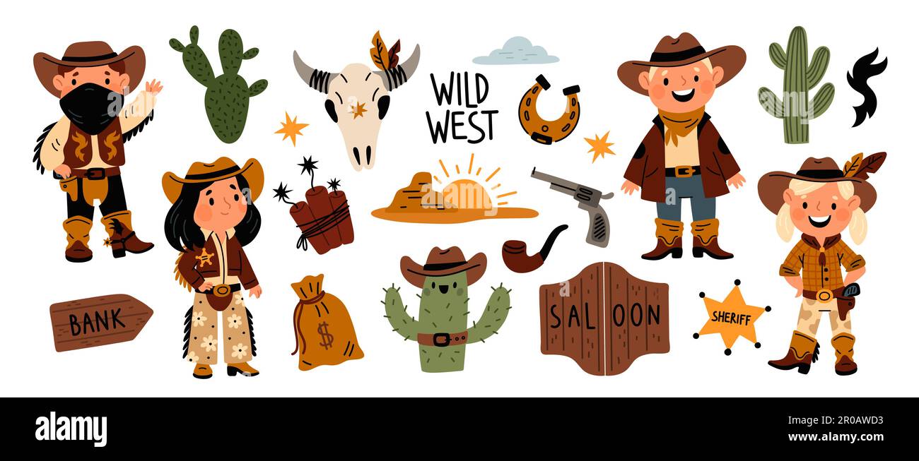 Cartoon cowboys. Cute male and female Wild West characters. Sheriff ...