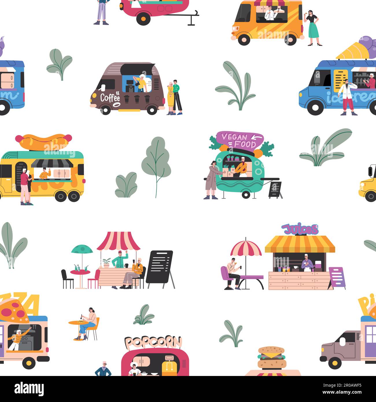 Street food market seamless pattern. Happy people buy and try products ...