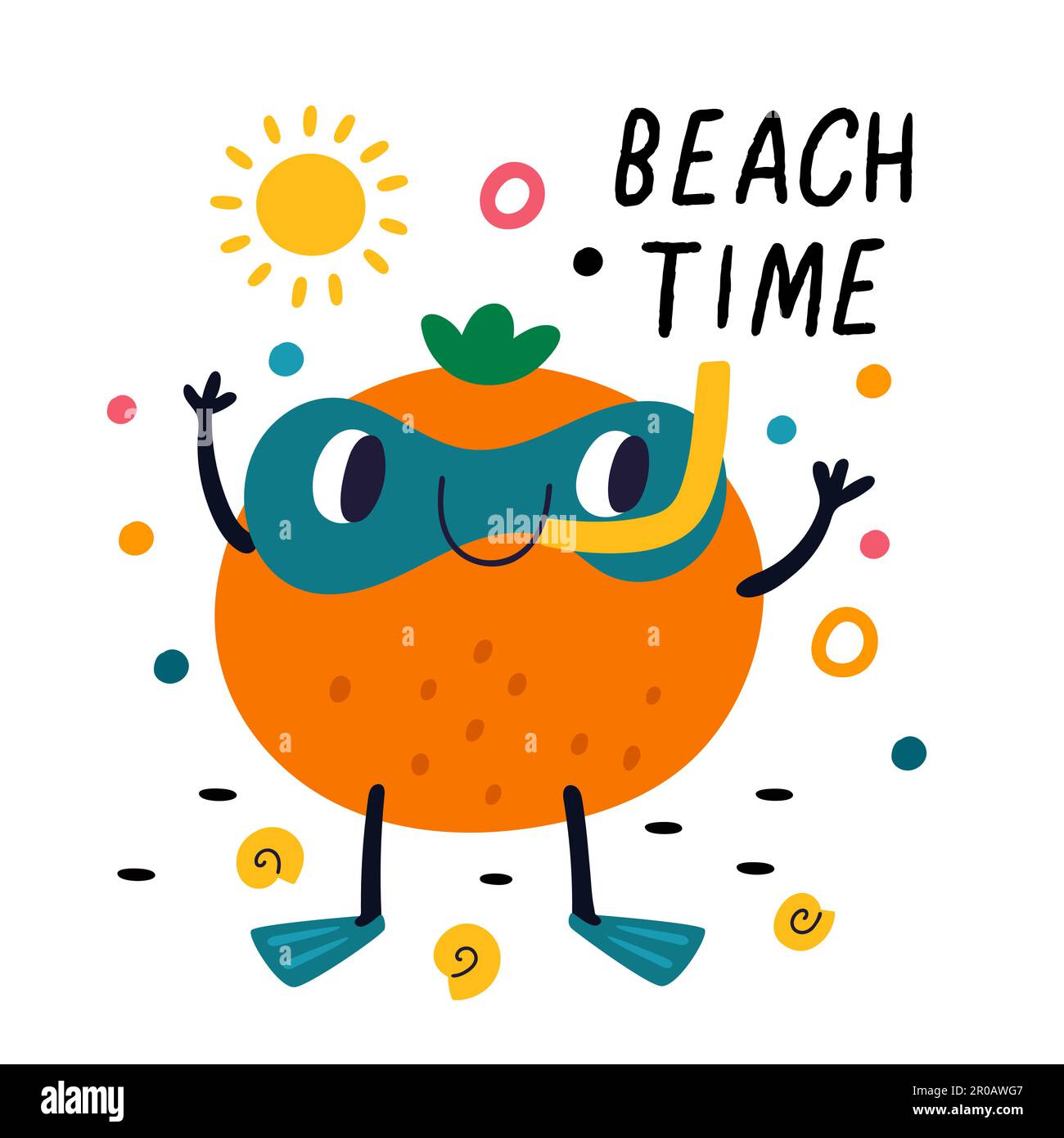 Funny fruits card. Summer vacation. Cartoon orange character at beach ...