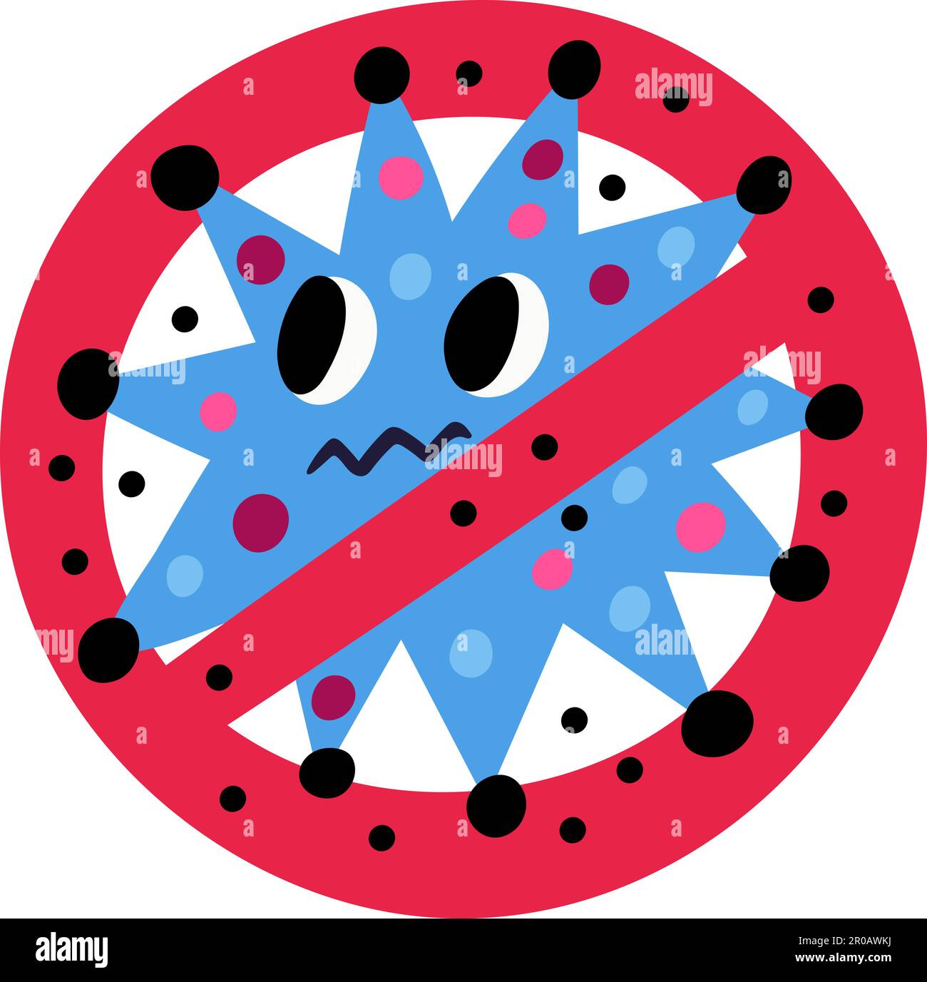 Stop bacteria sign. Warning pandemic symbol. Cartoon virus cell with ...