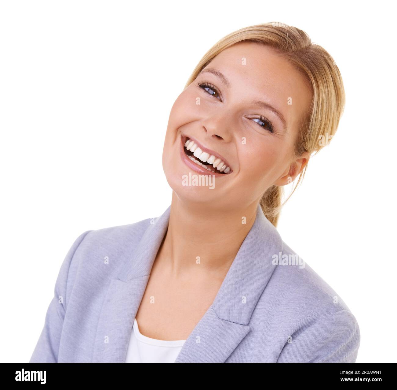 Bright smiles. A beautiful blonde smiling widely isolated on white ...