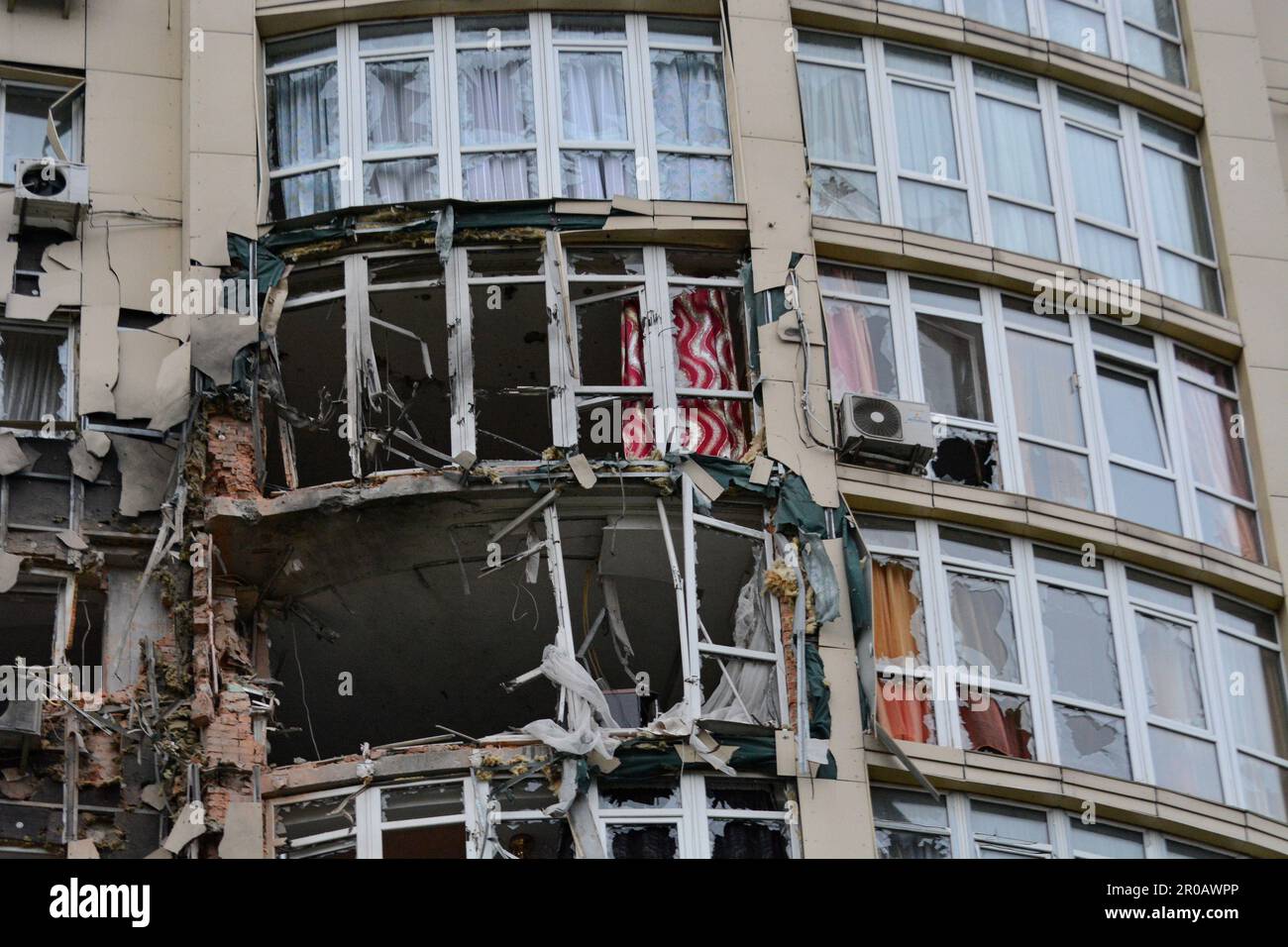Kyiv, Ukraine. 08th May, 2023. Broken windows and a damaged facade of a ...