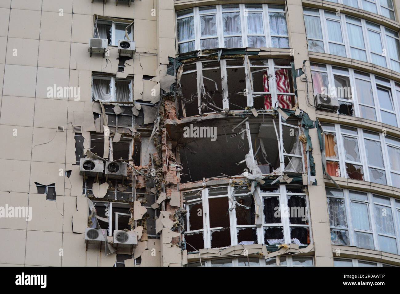 Kyiv, Ukraine. 08th May, 2023. Broken windows and a damaged facade of a ...