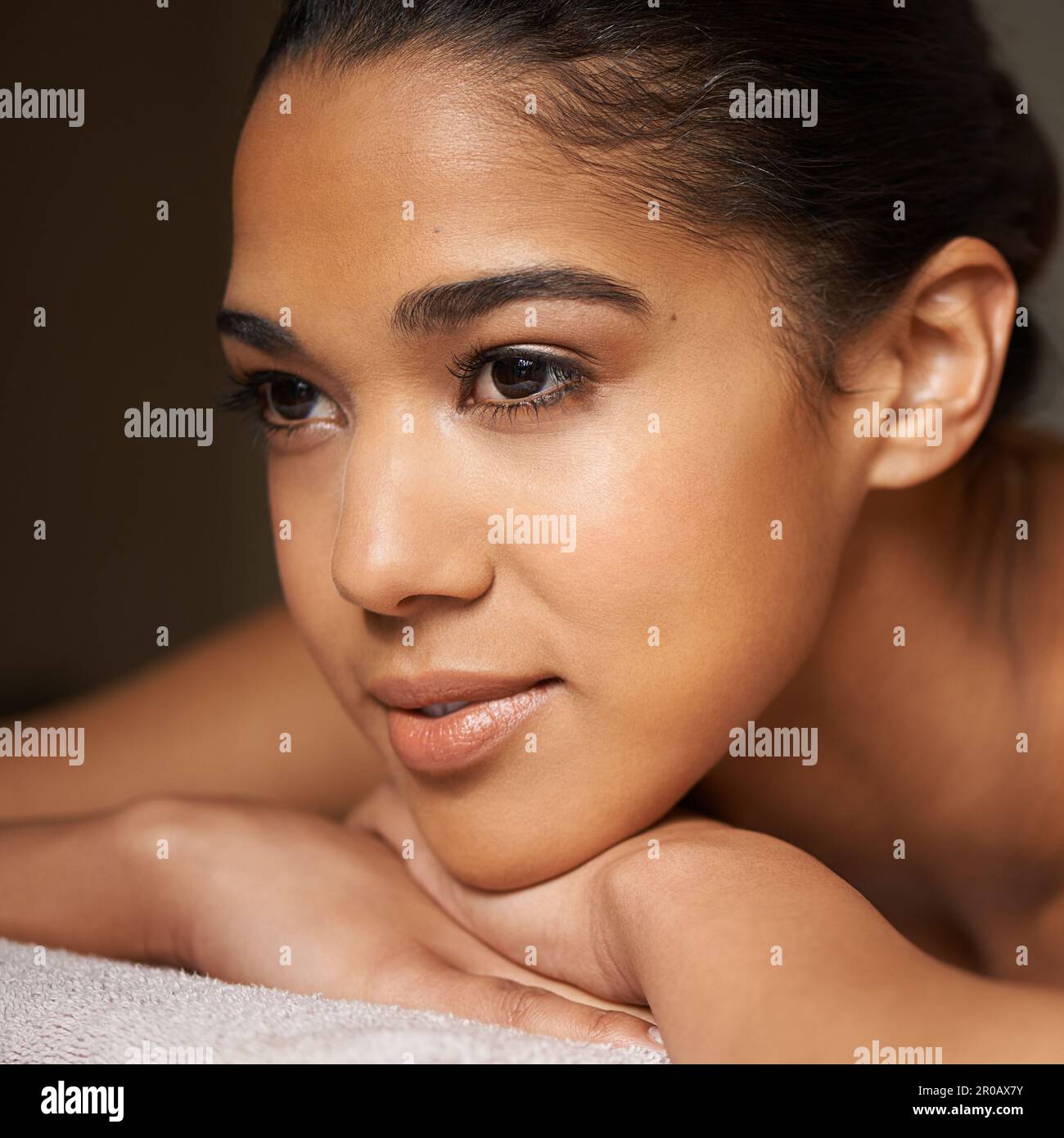 Woman thinking, face or massage to relax for zen resting or wellness ...