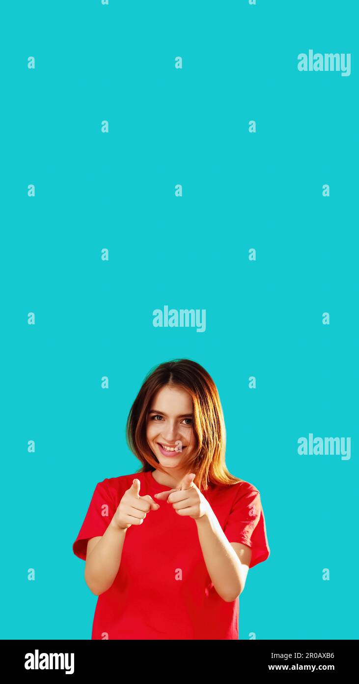 Encouraging gesture perfect choice girl pointing Stock Photo - Alamy