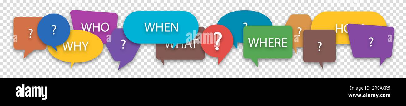 Questions who, what, how, why, for what and where on a colorful speech ...