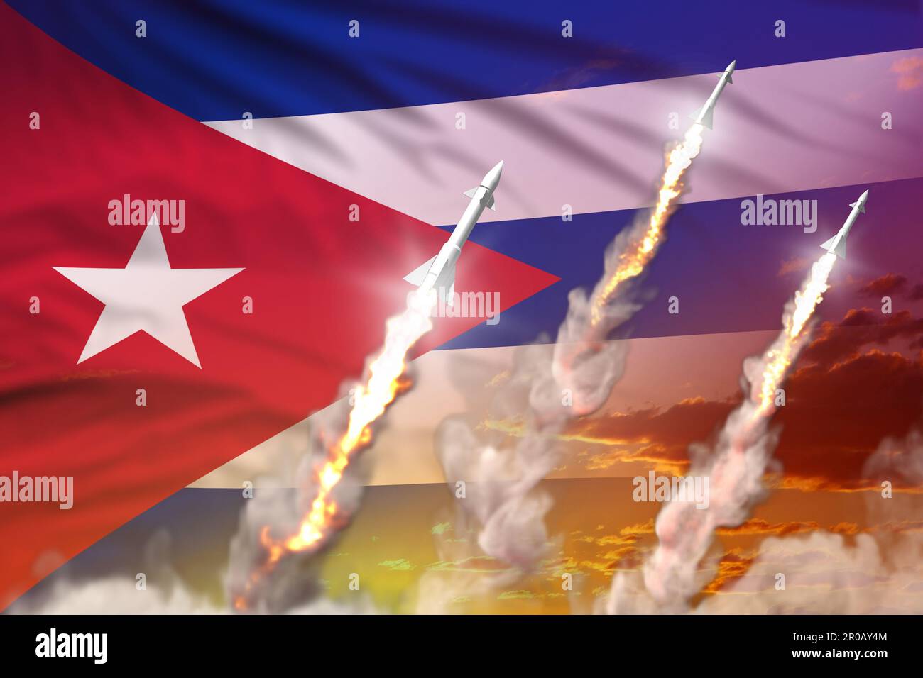 Modern strategic rocket forces concept on sunset background, Cuba ...