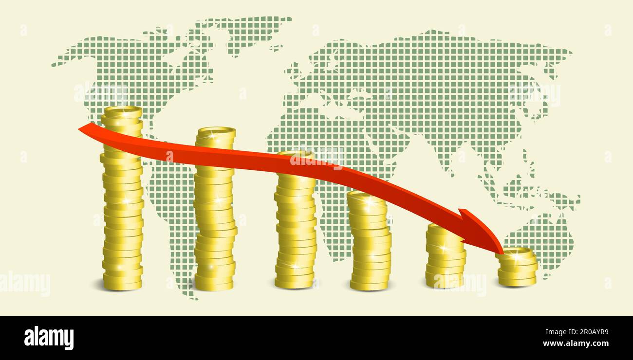 World crisis, decrease chart, moving down arrow on background global map. Chart of financial ...
