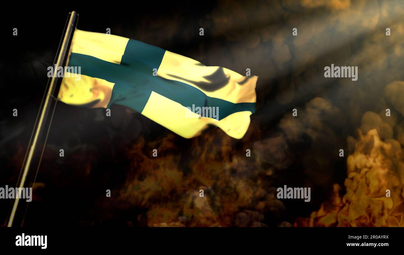 defocused Finland flag on smoke with sun beams background - disaster ...
