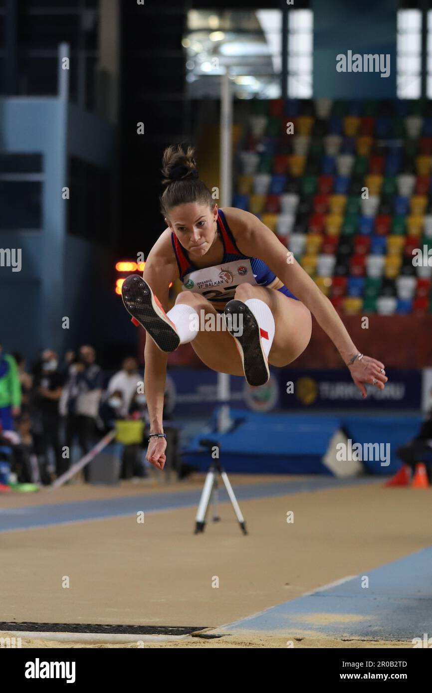 ISTANBUL, TURKEY - MARCH 05, 2022: Paola Borovic triple jumping during ...