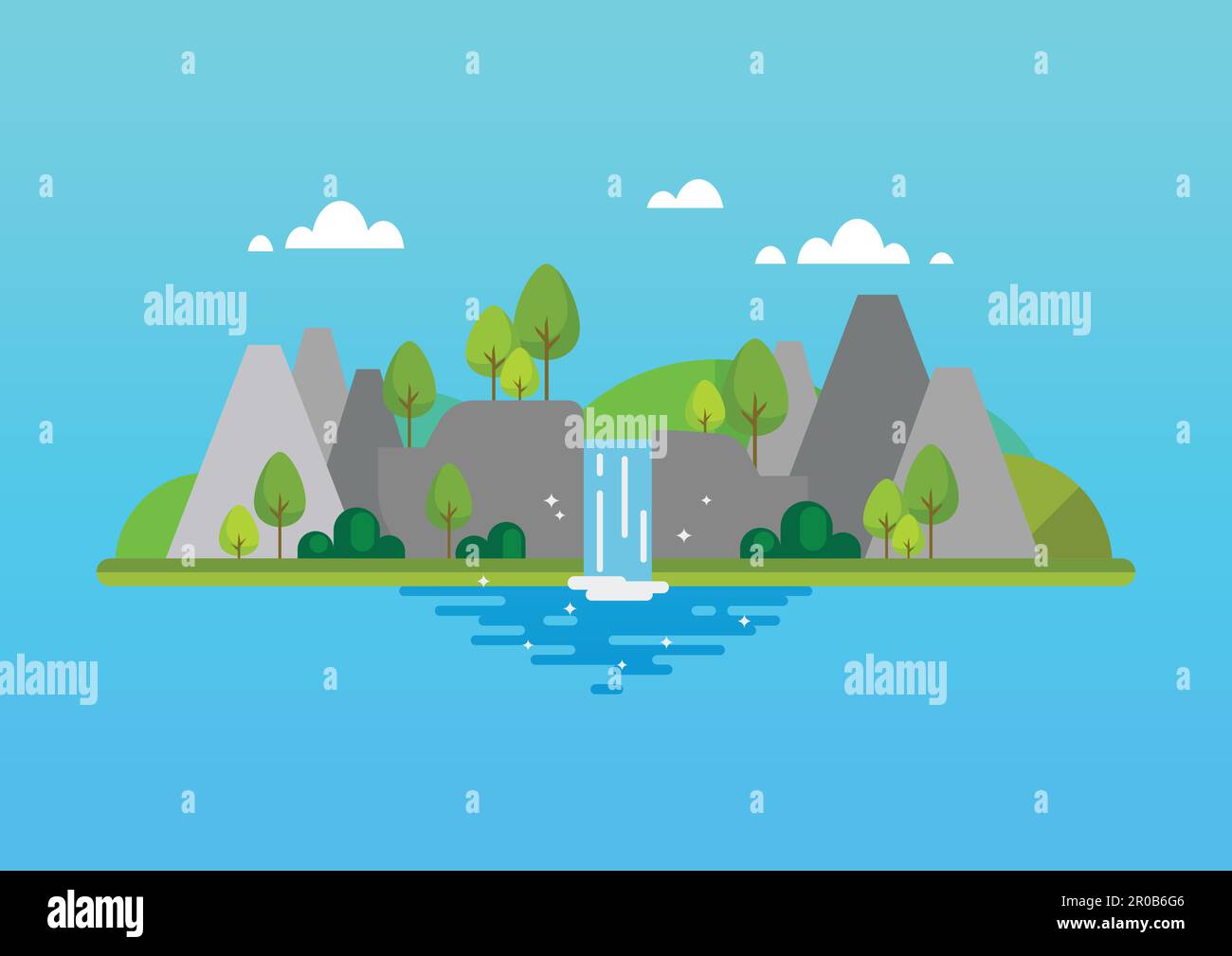 Waterfall mountain beautiful landscape flat style. Vector illustration ...