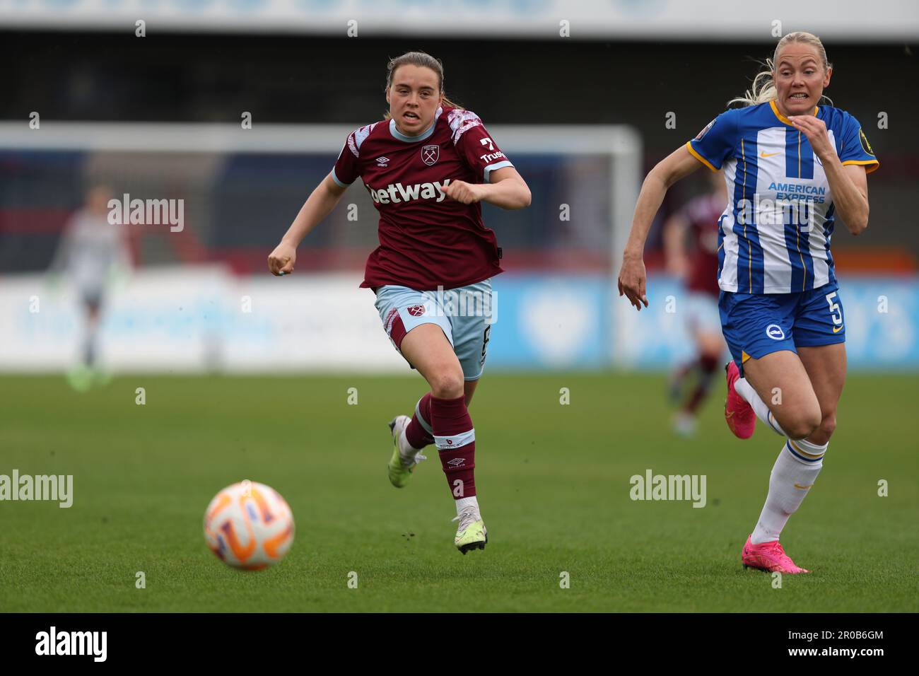 Crawley, UK. 7th May, 2023. West Ham's Emma Strom Snerle and Brighton's ...