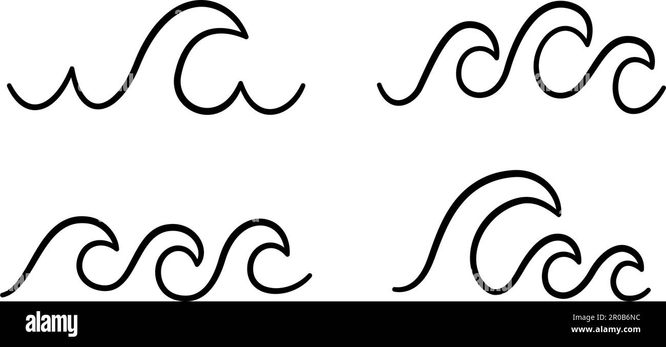 Doodle sea wave icons. Hand drawn simple wavy lines. Sea storm scribble ...