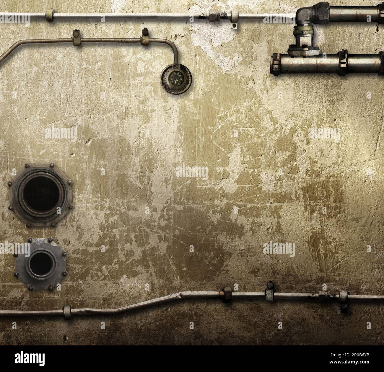 Vintage steampunk backdrop with pipes on stucco wall. Open space with ...
