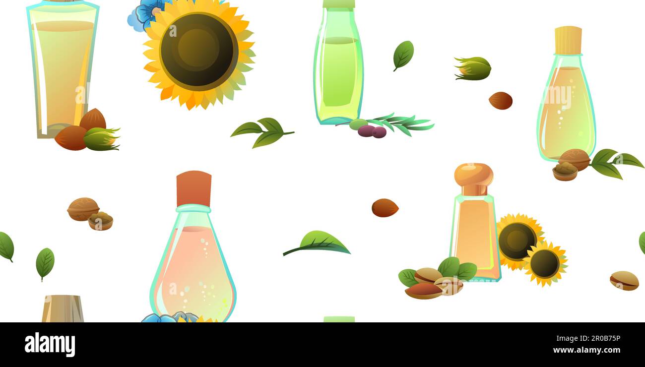 Natural oils items seamless pattern. Cartoon style. Extracted from nuts ...