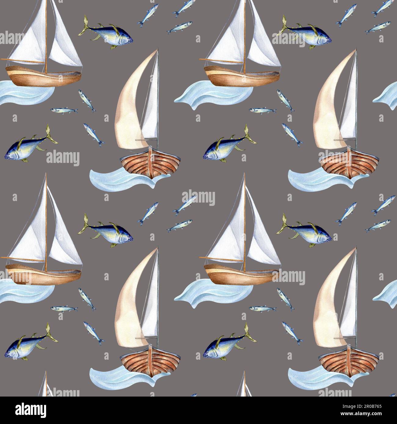 Seamless pattern of sailing ship vintage style watercolor illustration ...