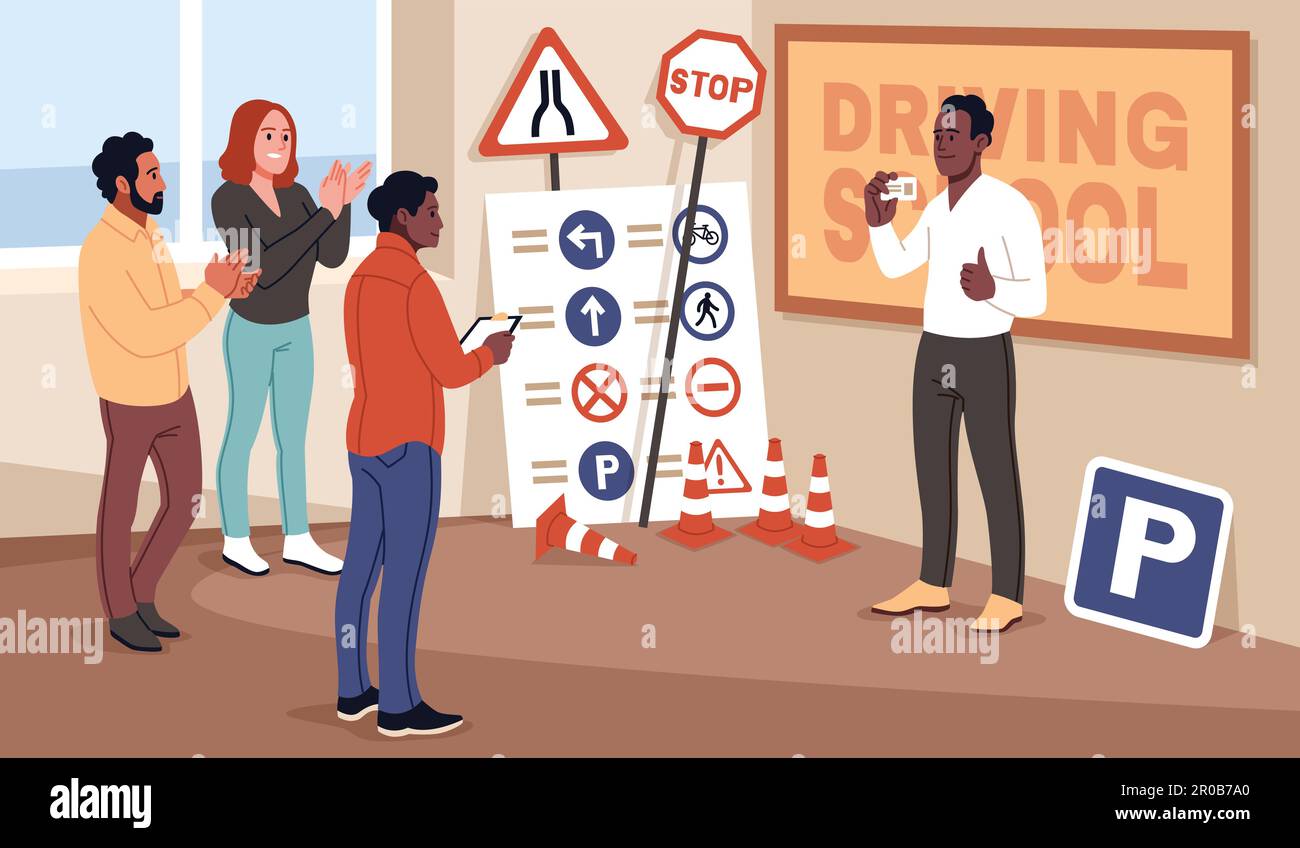 Driver license getting. Happy student holds card in hand, accepts ...