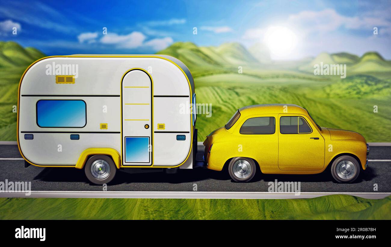 Yellow vintage car on the road with caravan. 3D illustration Stock ...