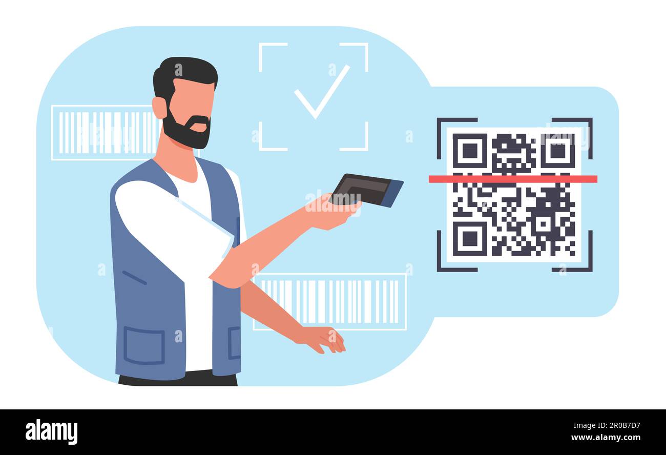 Male operator scans qr code on box with scanner. Store or warehouse ... Male operator scans qr code on box with scanner. Store or warehouse ...