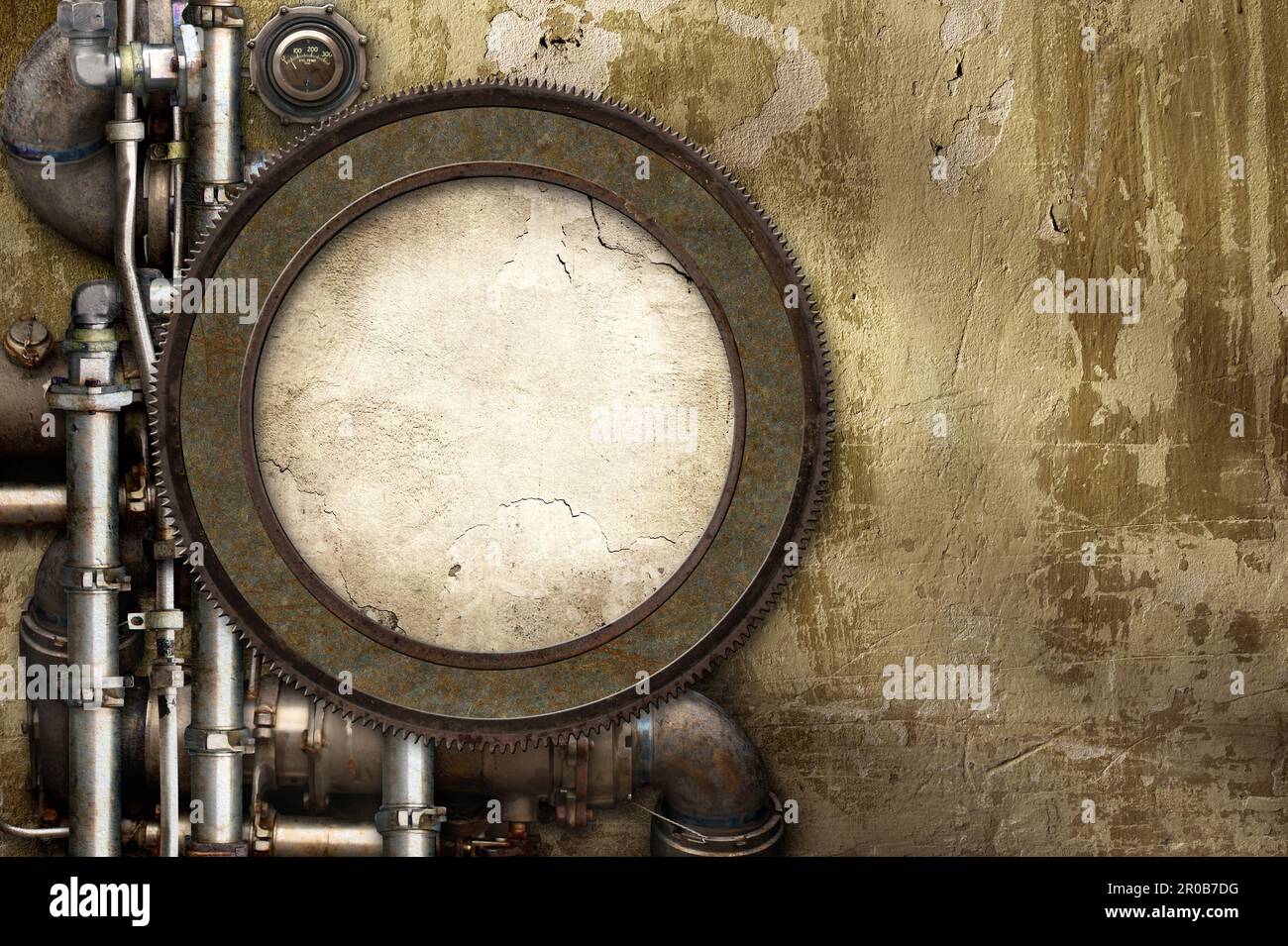 Vintage steampunk backdrop with round frame, pipes on stucco wall. Open ...