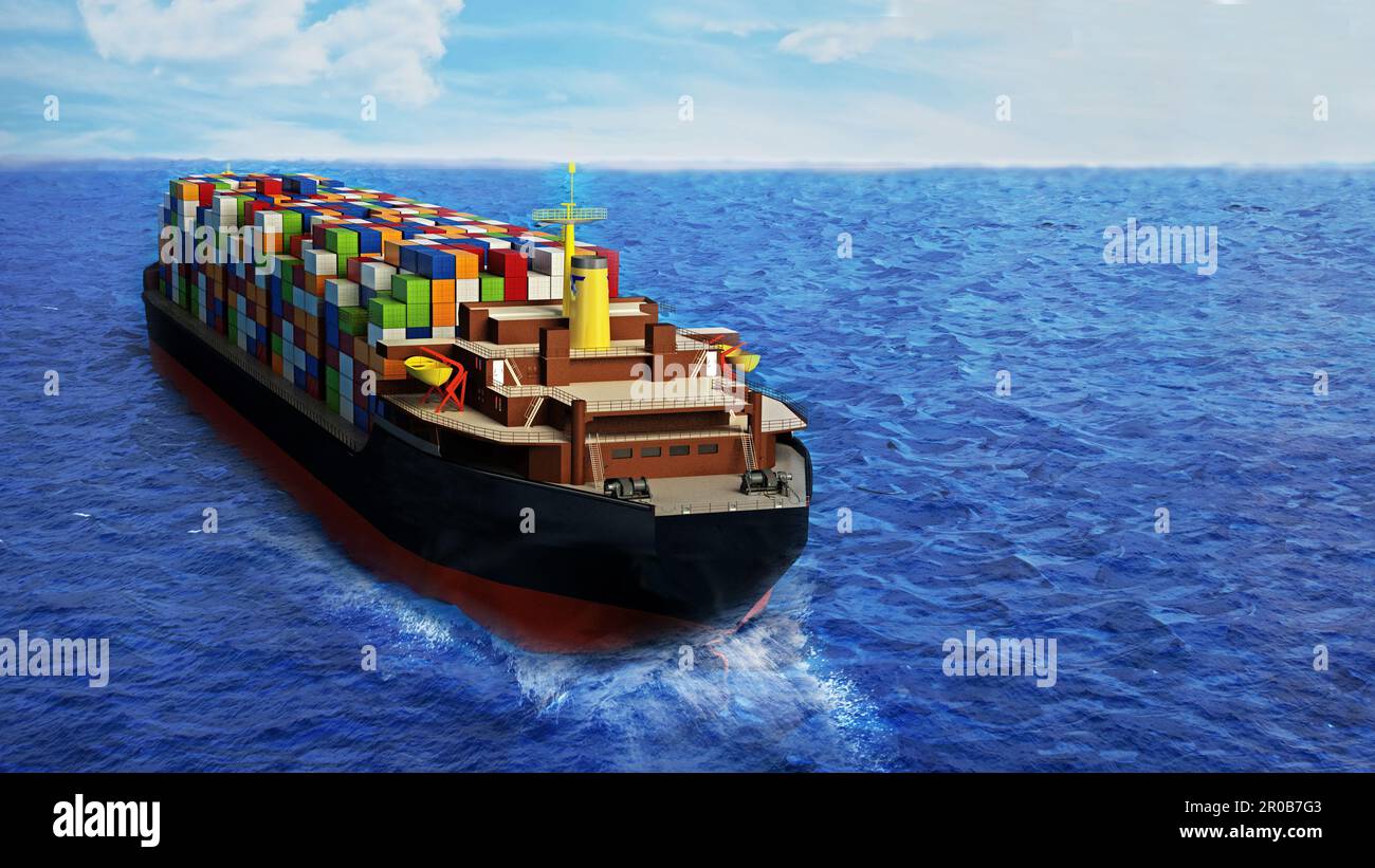 Cargo ship loaded with multi colored containers. 3D illustration Stock ...