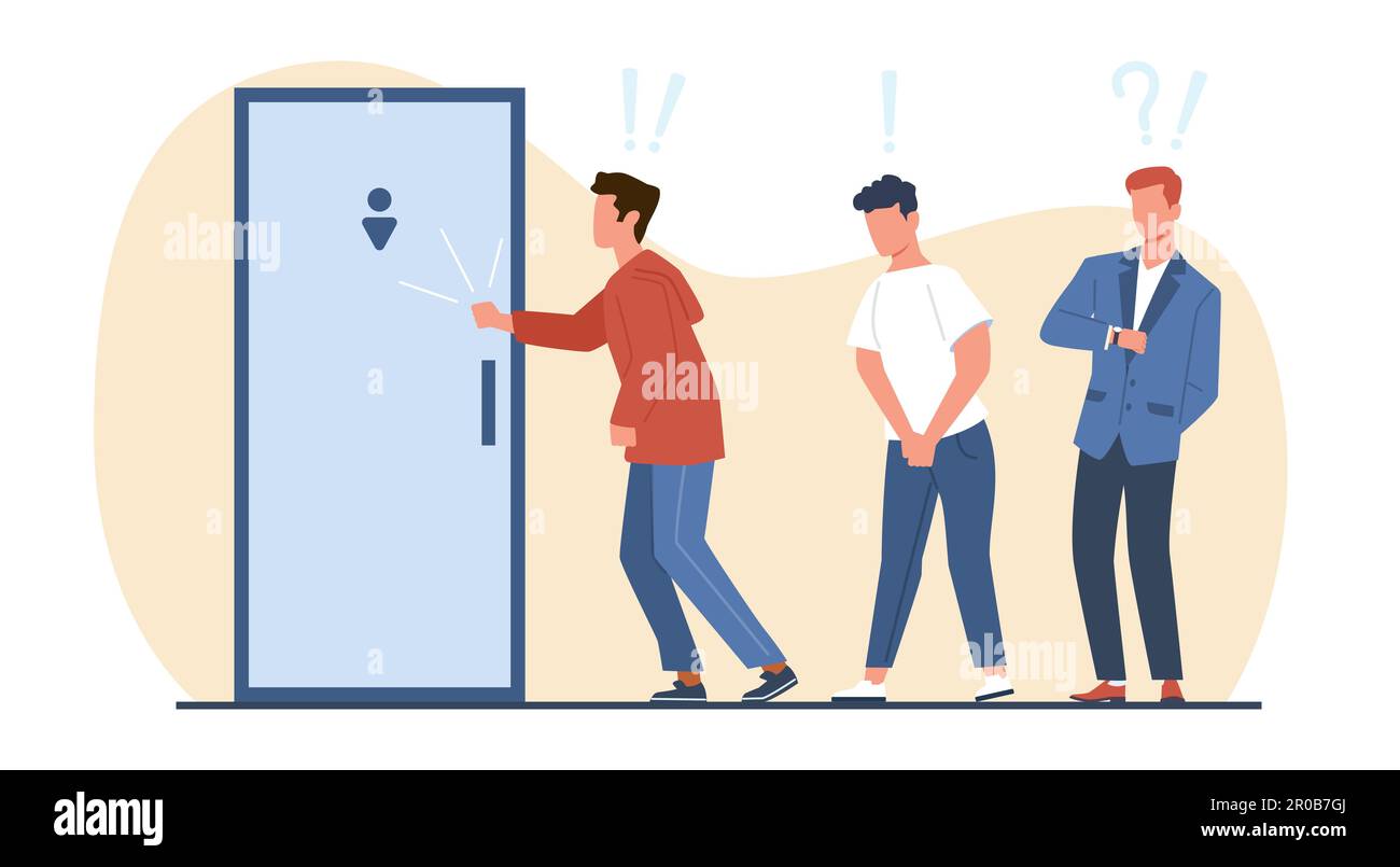Queue to mens room, men waiting at door of toilet, standing in line ...