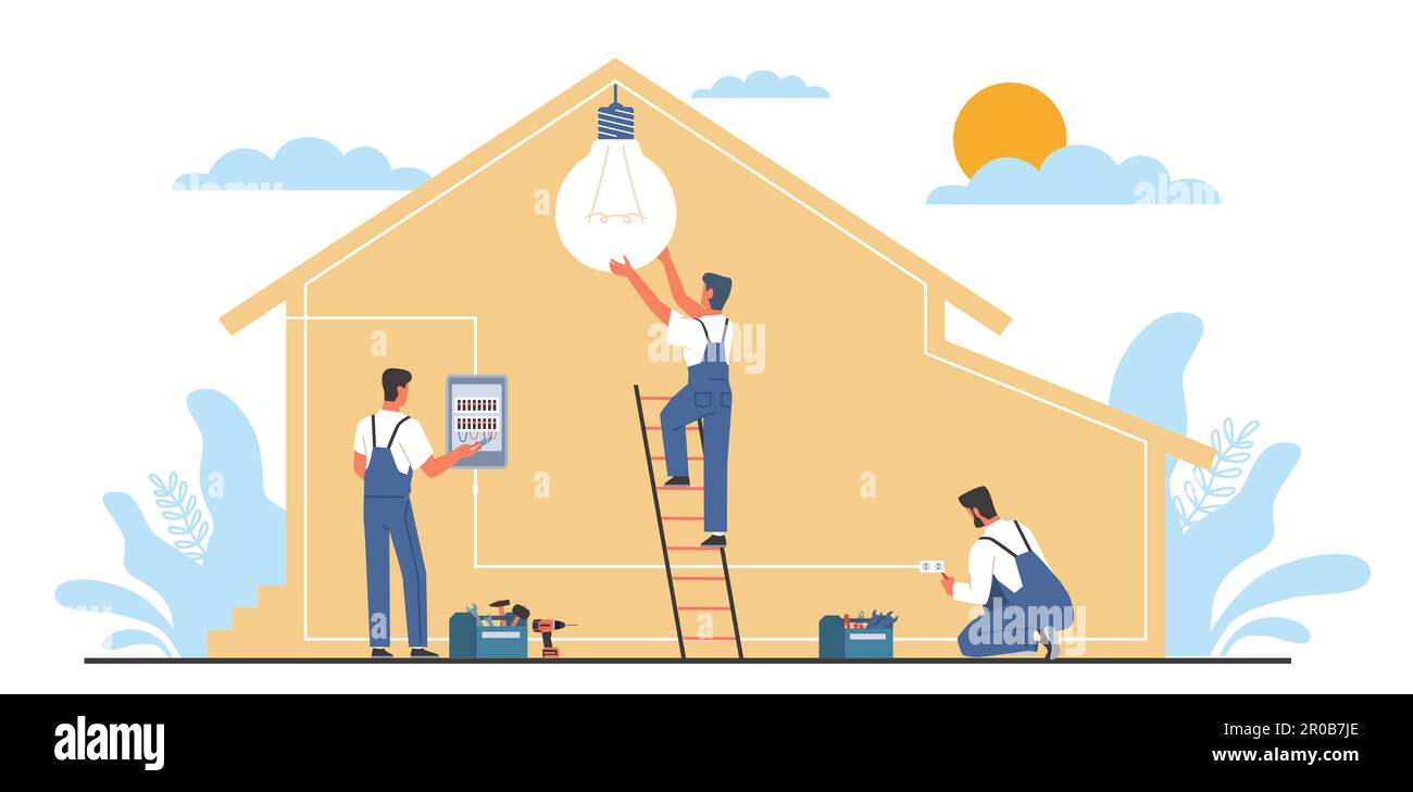 Professional electricians install electrical switchboard, socket and ...