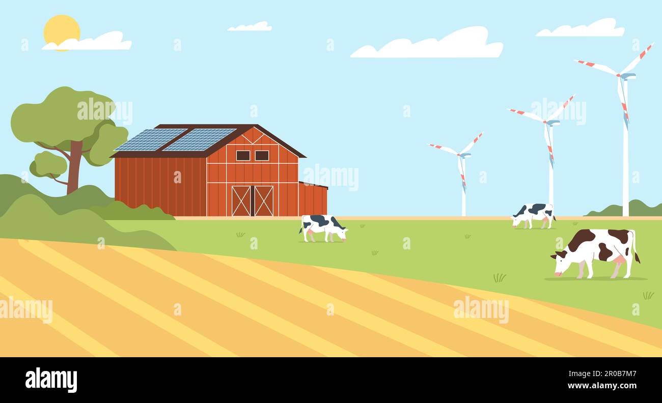 Summer farm landscape with fields, meadows panorama, pastures with cows ...