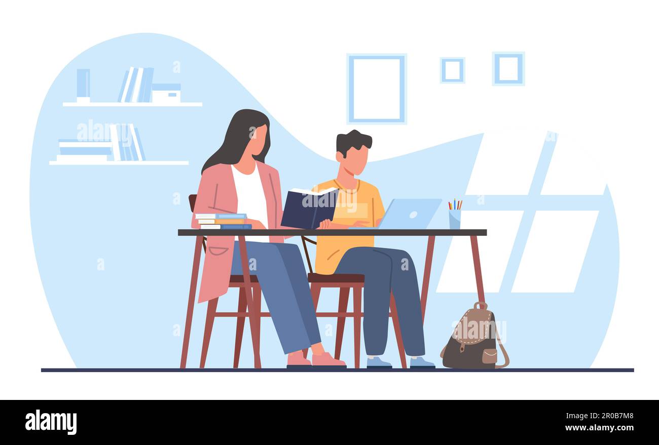 Mom helps her son do his homework. Mother with kid sitting at desk with ...