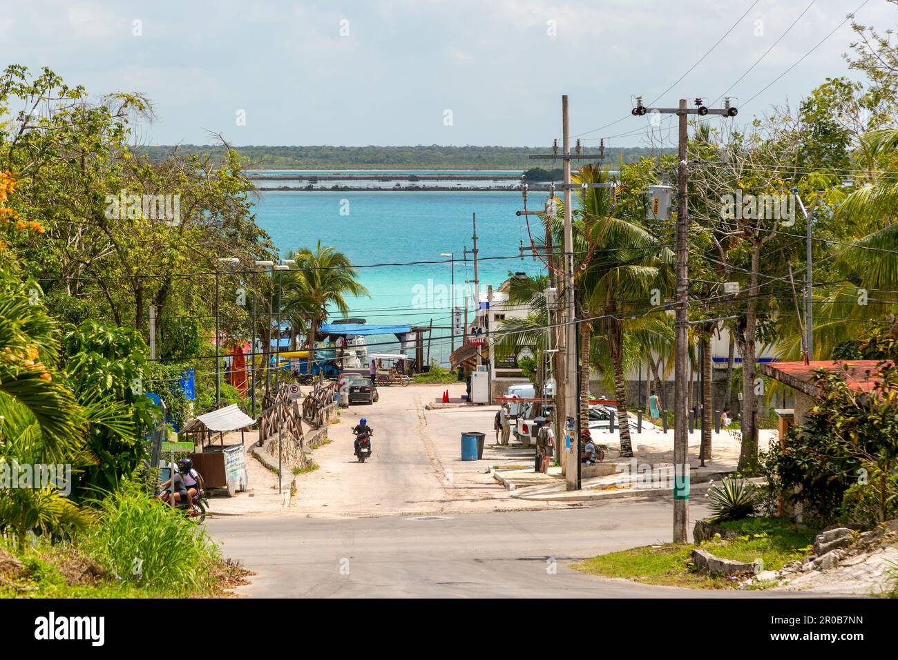 Untidy crowded landscape view down to water, Lake Bacalar, Bacalar ...