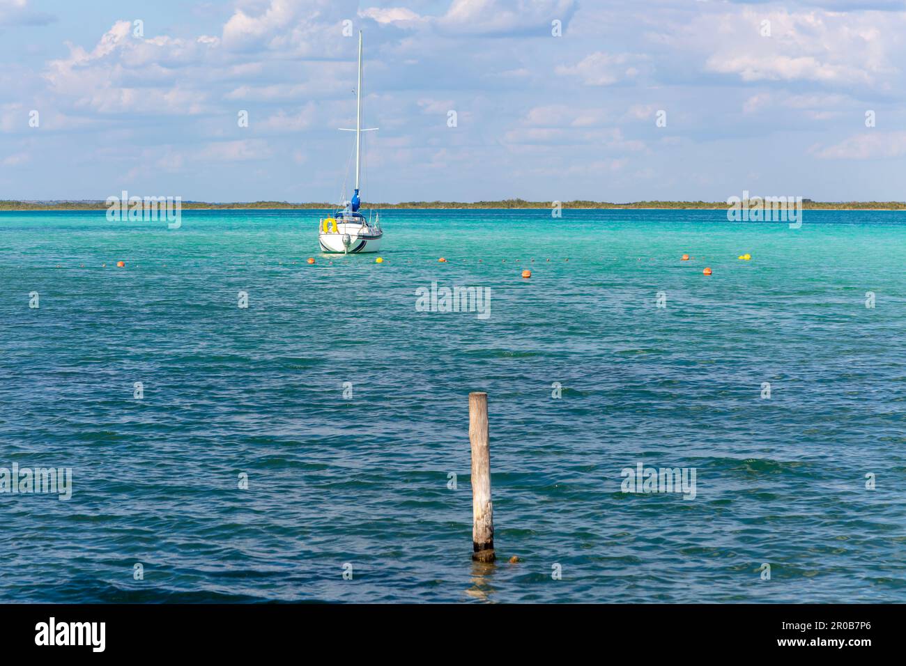 Sailing boat at moorings, Lake Bacalar, Bacalar, Quintana Roo, Yucatan ...