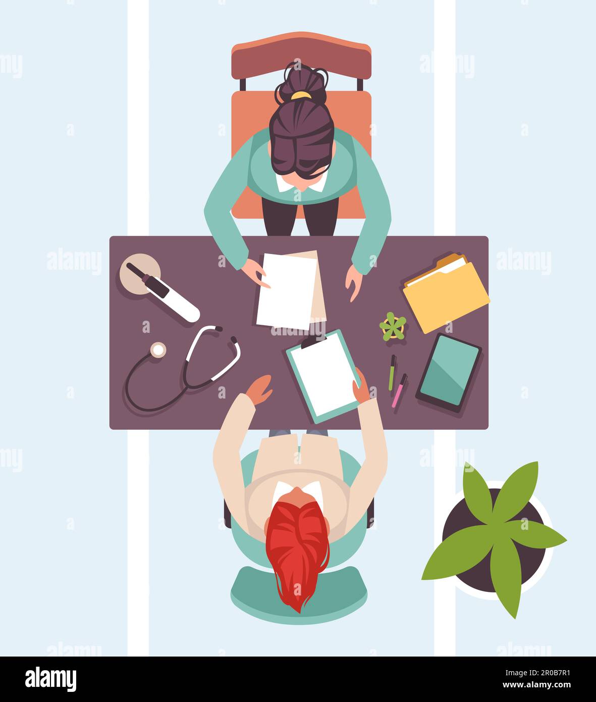 Top view of doctors desk, doctor is receiving visitor. Therapist and ...