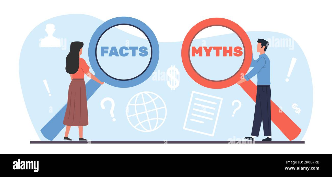 Myths or facts, woman and man look through magnifying glass and compare ...