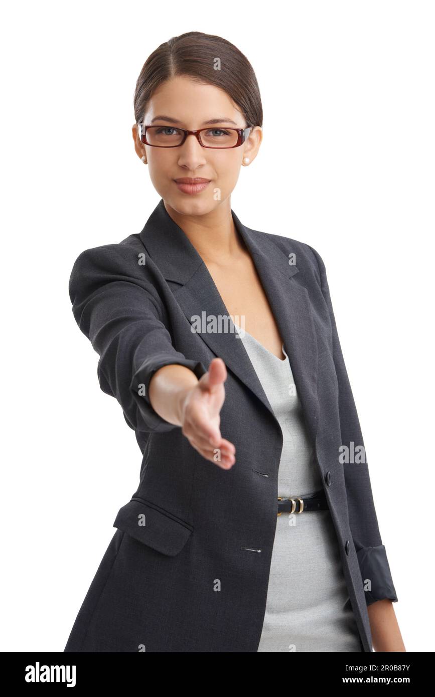 Deal. Portrait of a businesswoman extending her hand in greeting in the ...