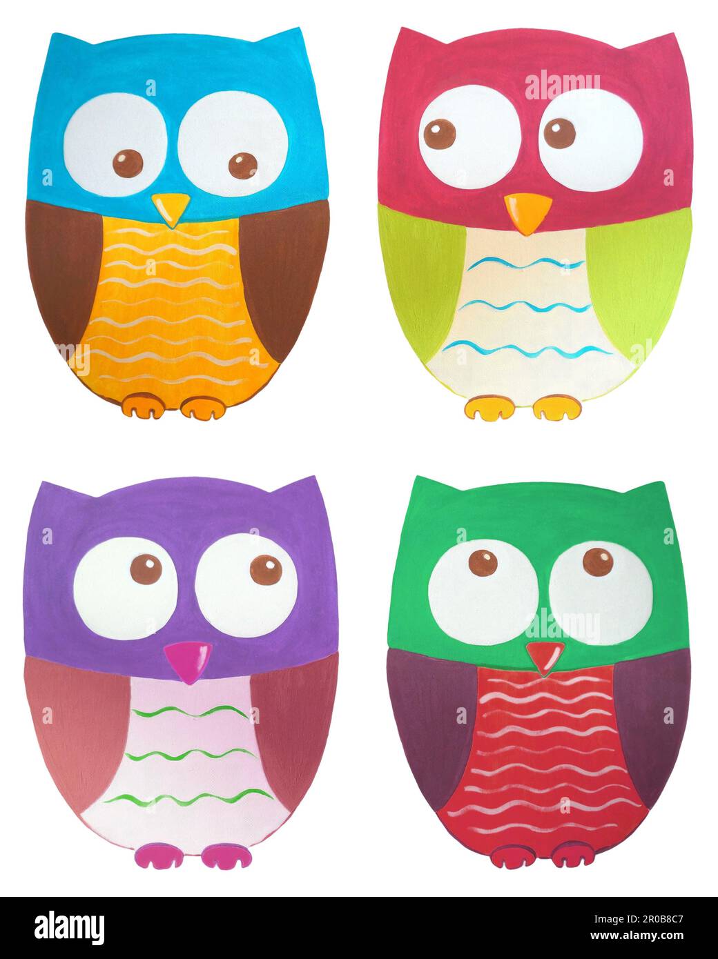 Hand drawn cute illustration of four colorful owls. Cartoon cute wise ...