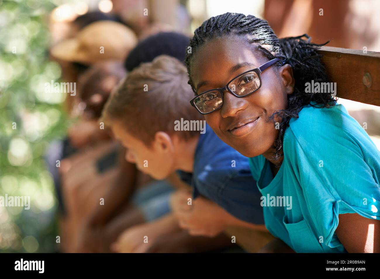 Black girl, camp or friends portrait with happiness or glasses outdoor ...