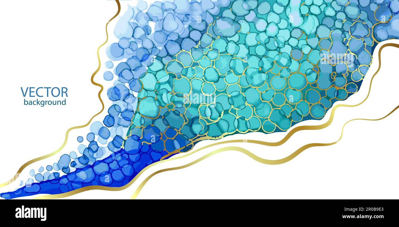 Blue and Gold Wave and Bubbles Artwork Watercolor Vector Template Stock ...