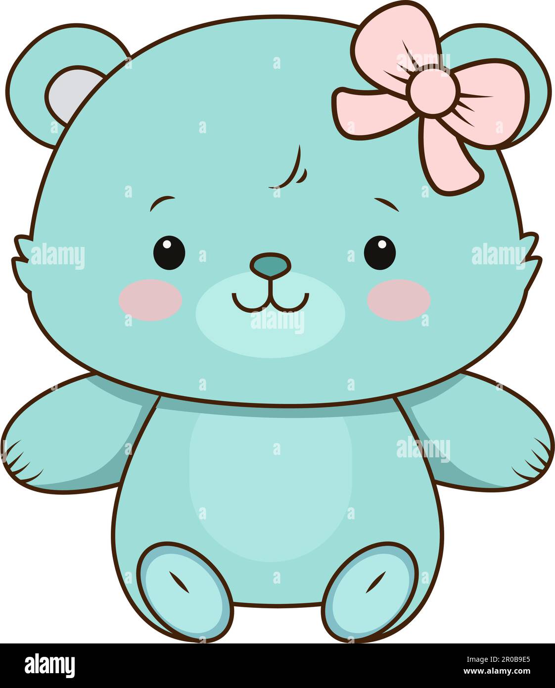 Vector Cute Cartoon Teddy Bear Girl With Pink Bow Icon Vector Turquoise Bear Sitting On The