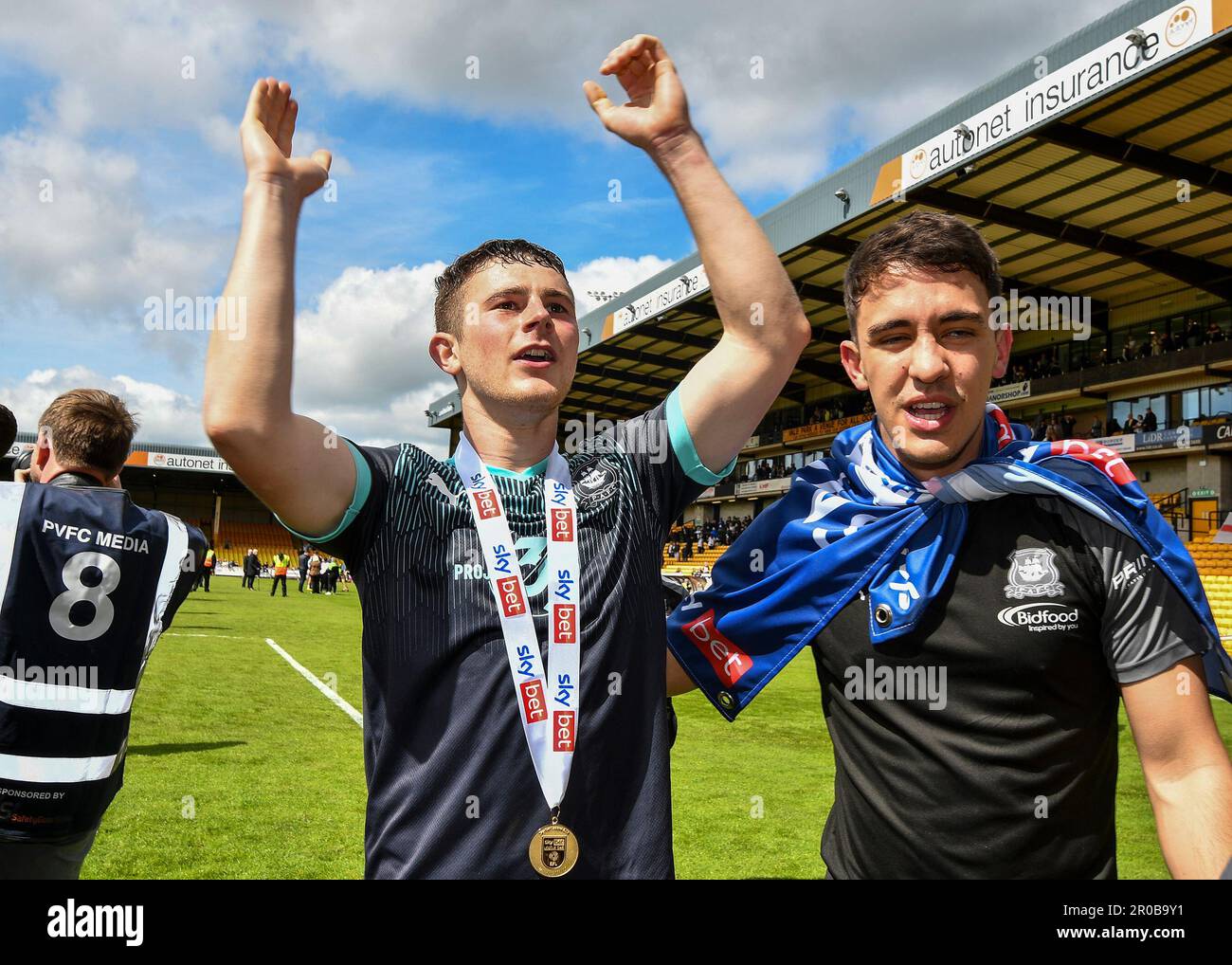 Adam Randell #20 of Plymouth Argyle celebrates a promotion to ...
