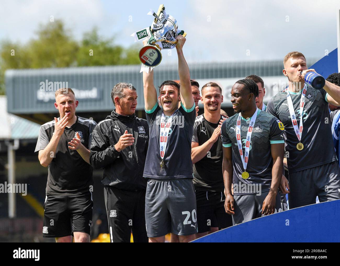 Adam Randell #20 of Plymouth Argyle celebrates a promotion to ...