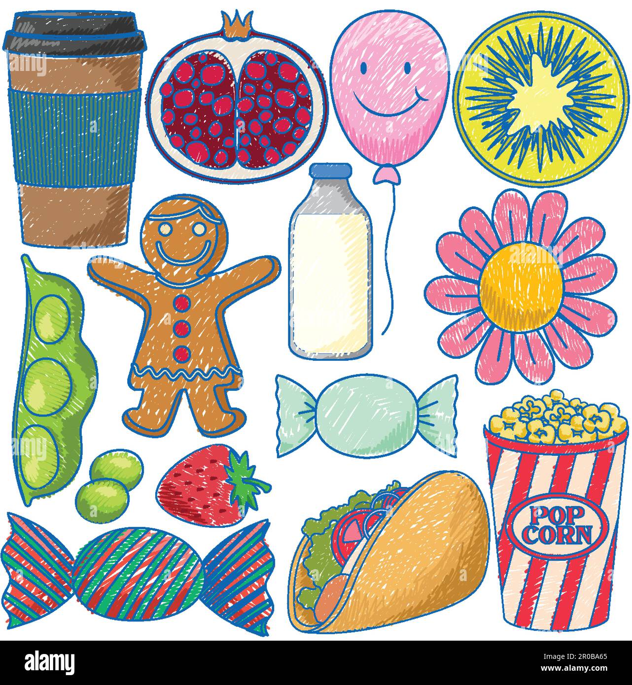 Foods and Snacks in Pencil Colour Sketch Simple Style illustration ...