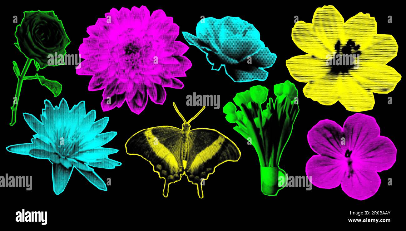 Collage design elements in trendy dotted pop art style. Retro halftone ...