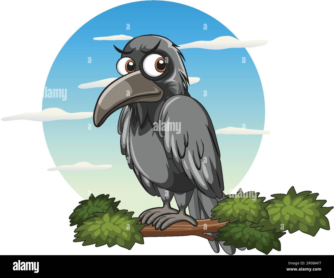 Crow perching on tree branch in cartoon style illustration Stock Vector ...