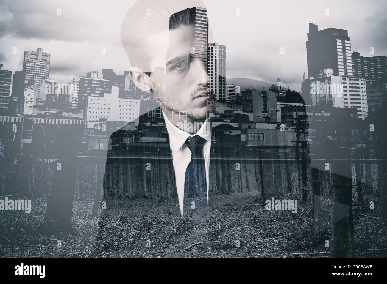Business man portrait, city double exposure and employee with ...