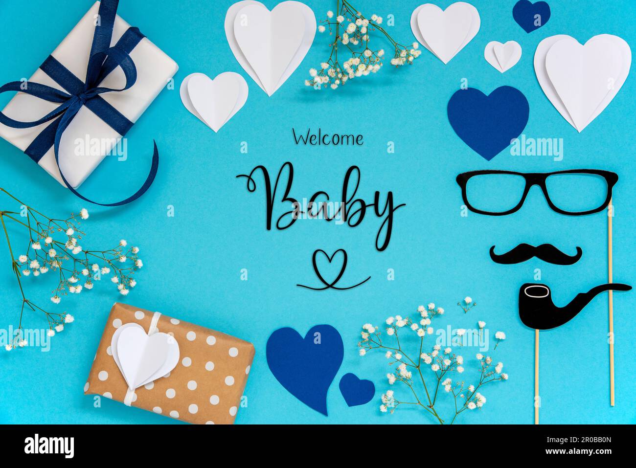 Blue Flat Lay With Accessories, Gifts, Hearts, Text Welcome Baby Stock ...