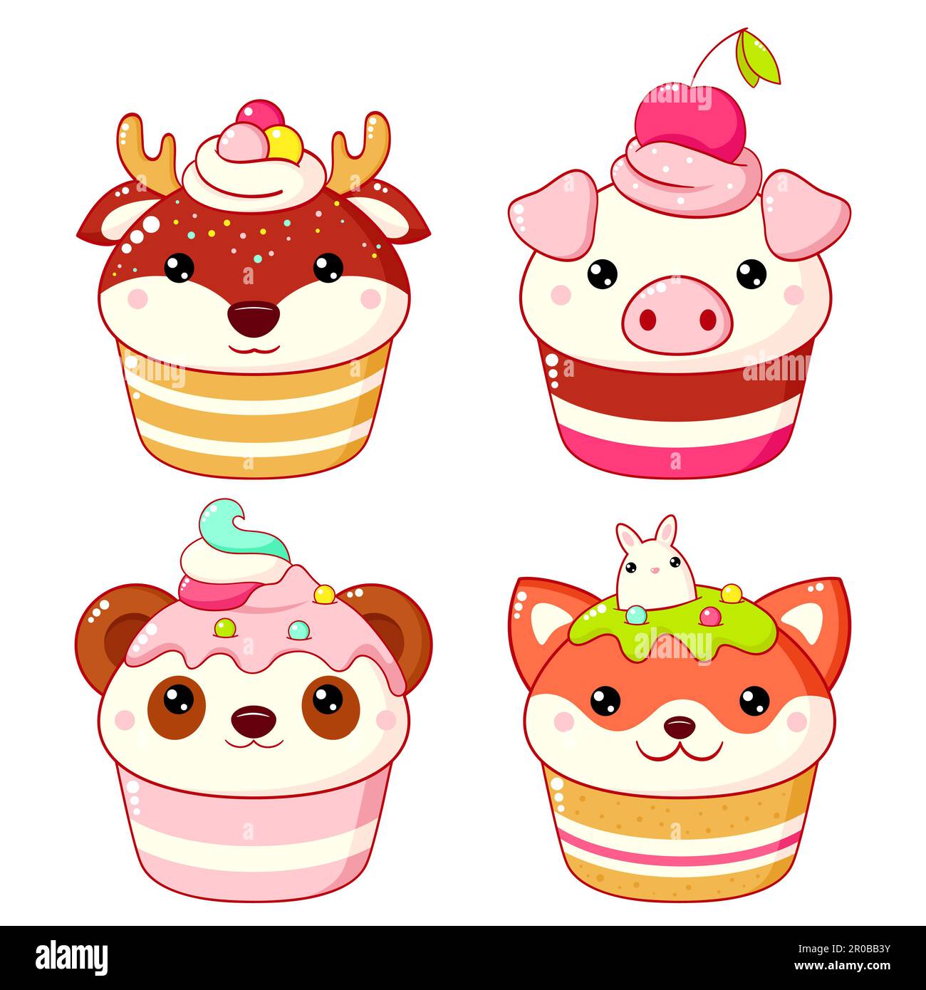 Set of cute sweet animal-shaped desserts in kawaii style. Cake, muffin ...
